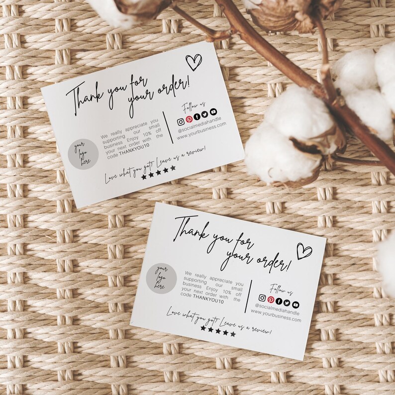 Tarjetas de agradecimiento editables, pequeñas empresas gracias por su compra, nota de inserción ...