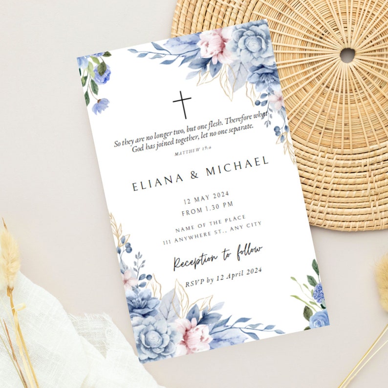Editable Christian Wedding Invitation Template, Printable Bible Verse Wedding Invitation Card ...