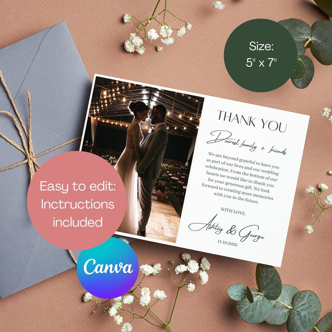 Simple Wedding Thank You Card Template With Photo (canva Editable) - Etsy