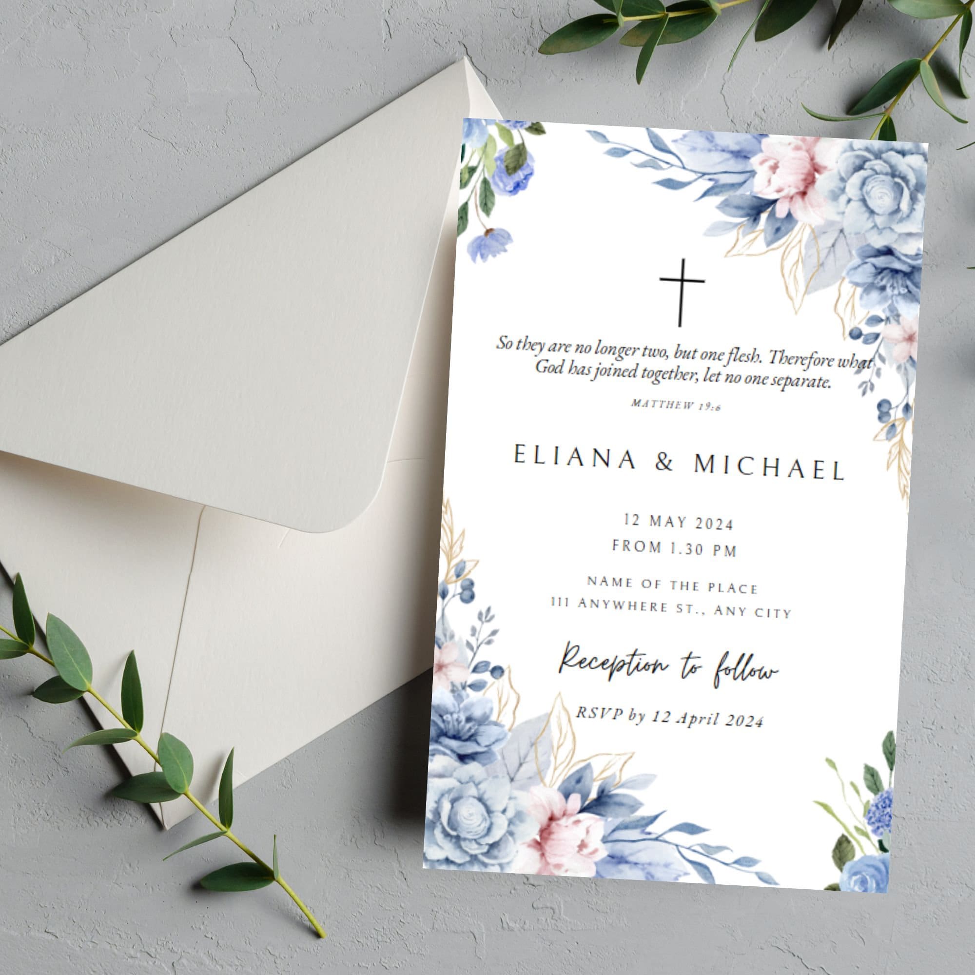 Editable Christian Wedding Invitation Template, Printable Bible Verse Wedding Invitation Card ...