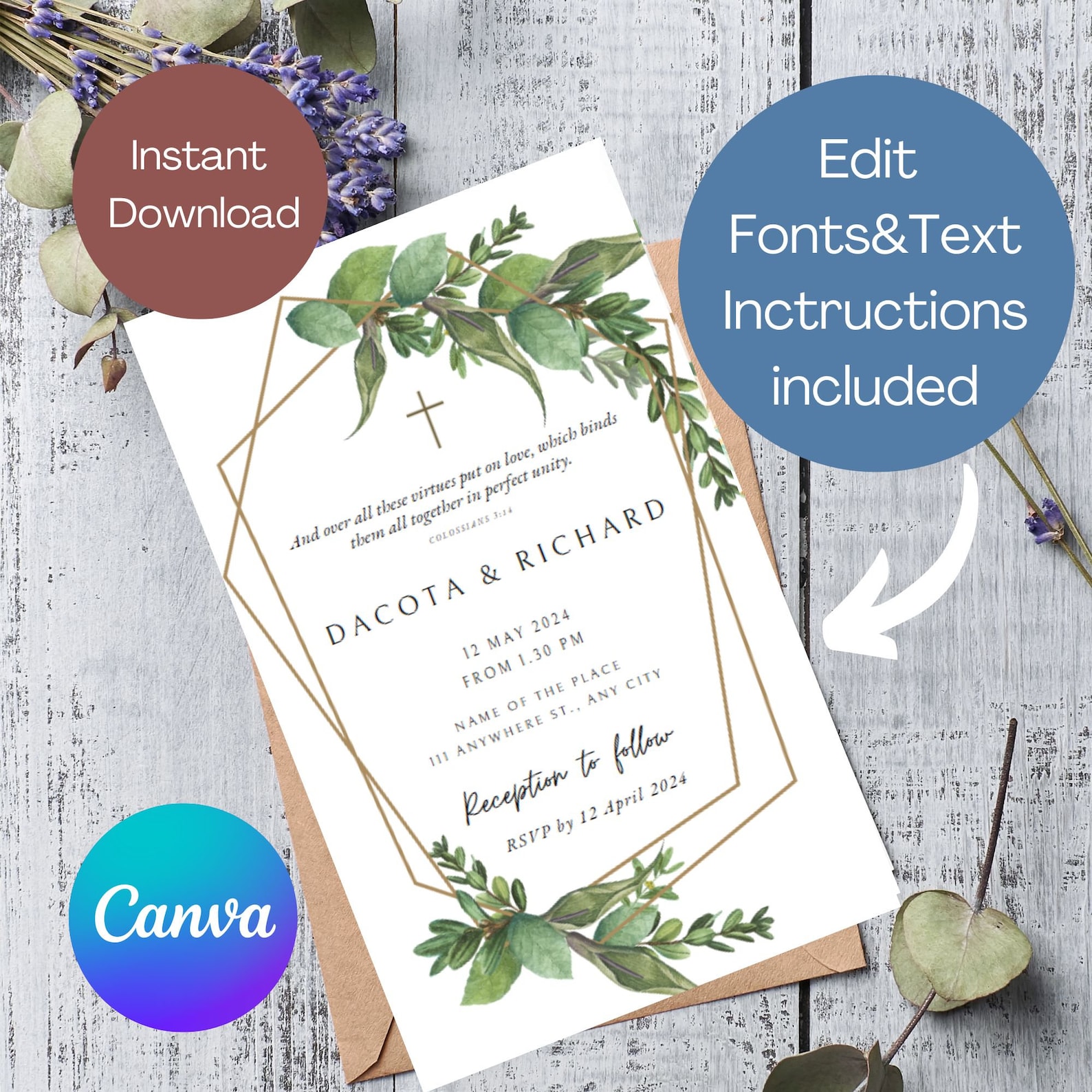 Editable Christian Wedding Invitation Template, Printable Bible Verse Wedding Invitation Card ...