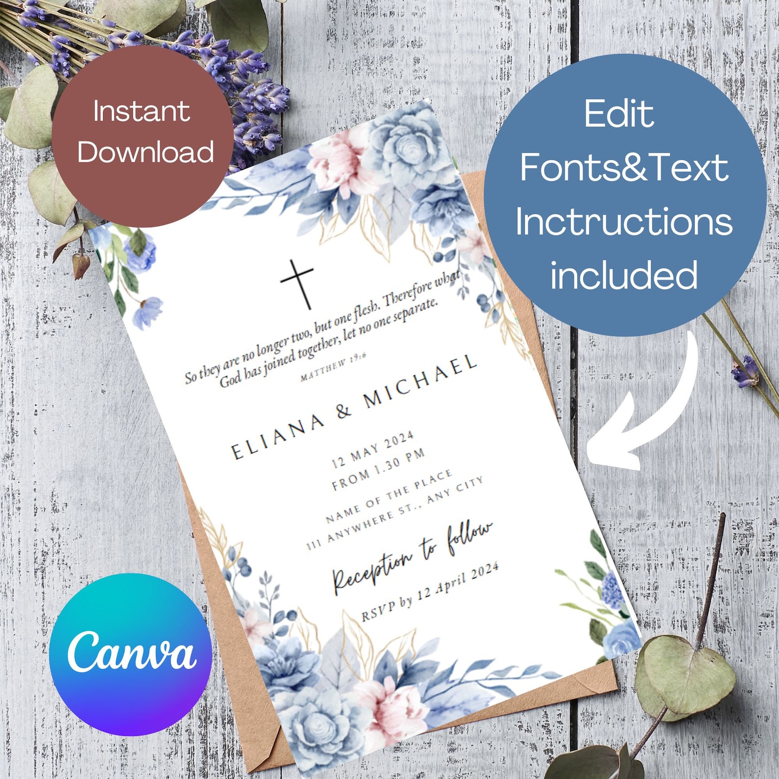 Editable Christian Wedding Invitation Template, Printable Bible Verse Wedding Invitation Card ...
