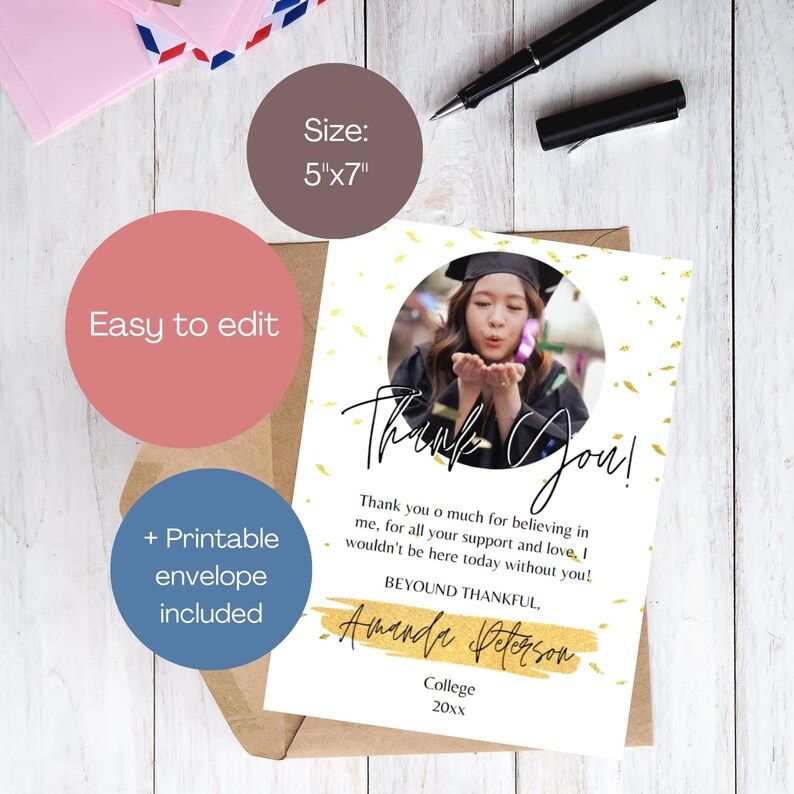Graduation Thank You Card Template, Personalized Graduation Card With ...
