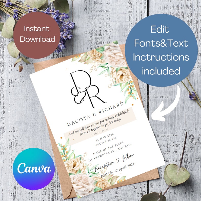 Floral Christian Wedding Invitation Template: Editable Bible Verse ...