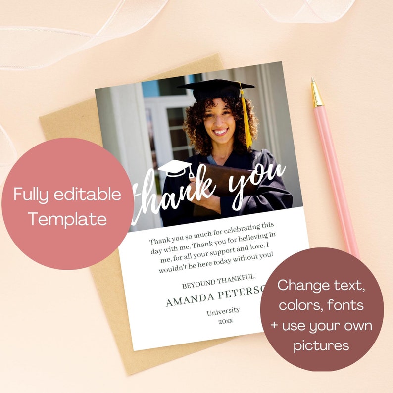 Graduation Thank You Card Template, Personalized Graduation Card With ...