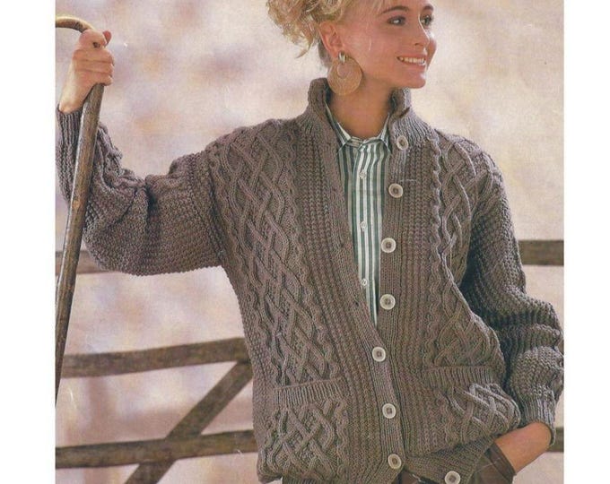 Women Men Round and V Neck Aran Cardigan Knitting Pattern Ladies Cable ...