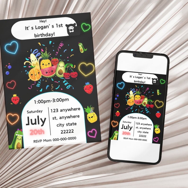 Editable Hey Bear Birthday Invitation | Digital Download | Neon Fruit ...