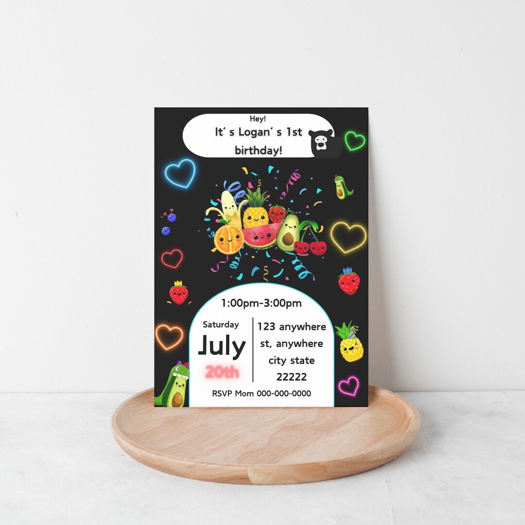 Hey Bear Inspired Birthday Invitation Digital Download, Neon Fruit ...