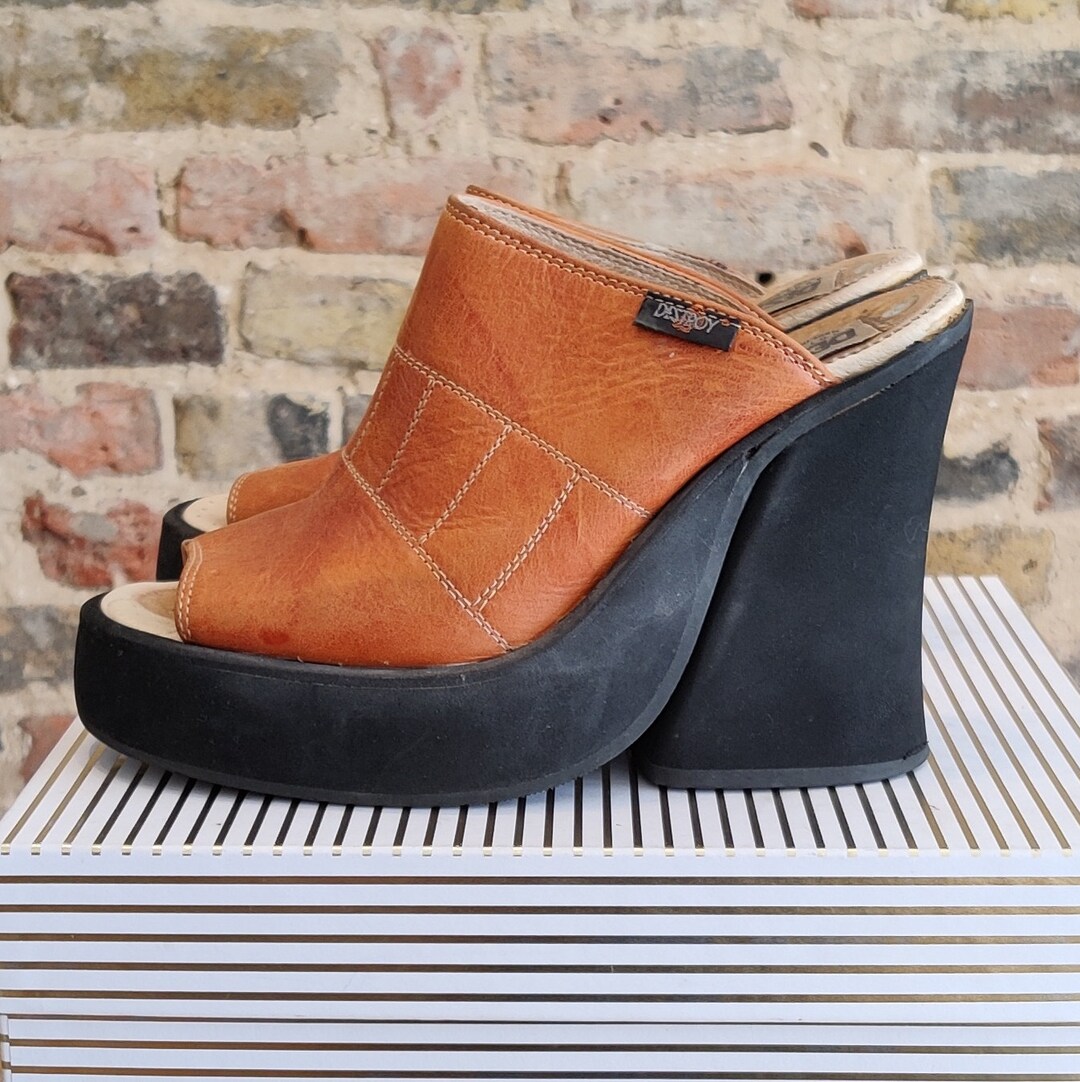 Vintage Destroy Y2K 90s Platform Black Brown Tan Leather Mules Sandals ...