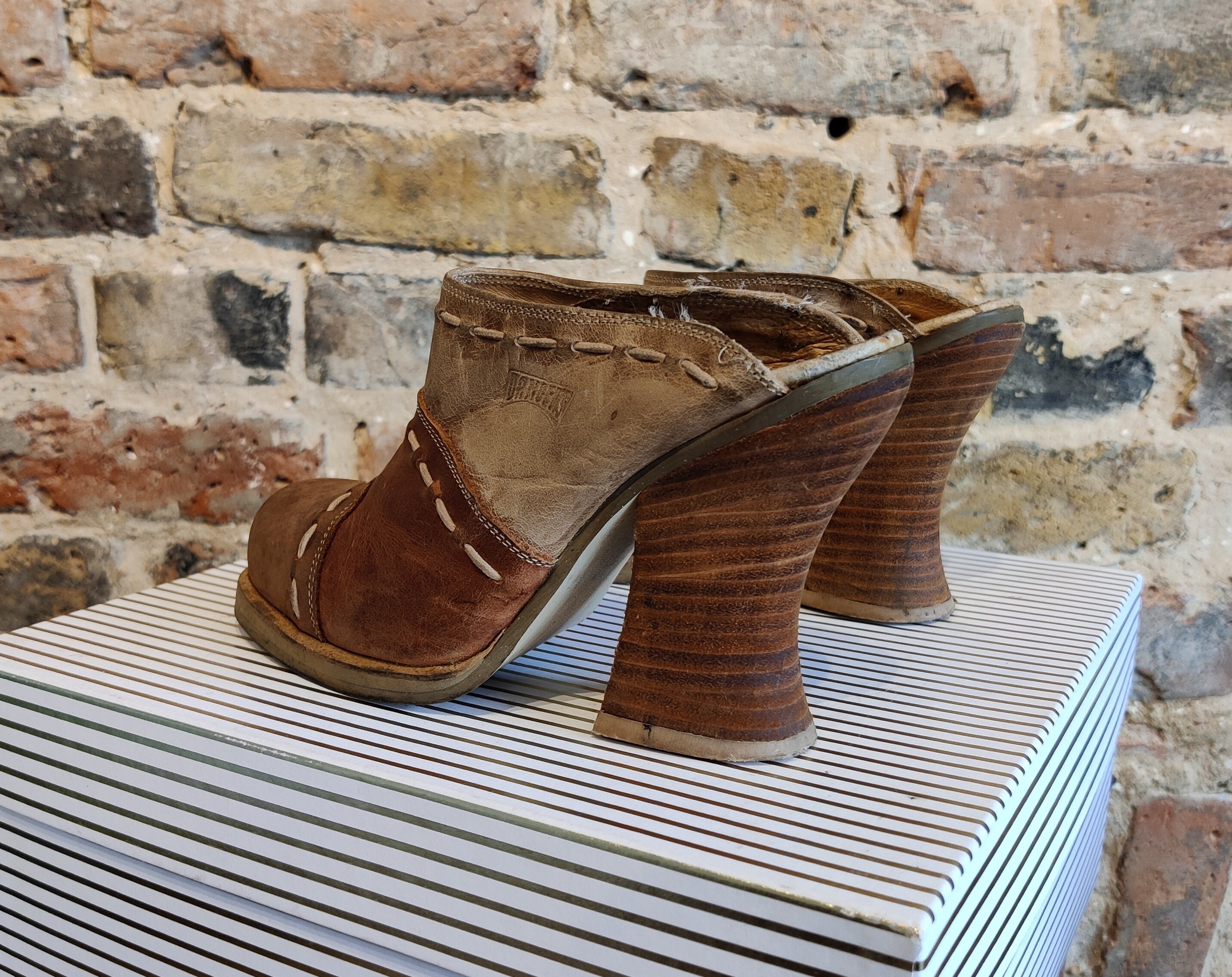 Dangelis Tan Suede Leather Wood High Heel Mule Shoes Y2K 90s - Etsy