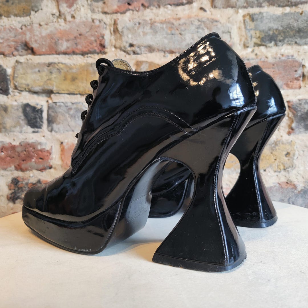 Vintage 2000s PVC Demonia Black Bat Coffin Flared Square High Heel Lace ...
