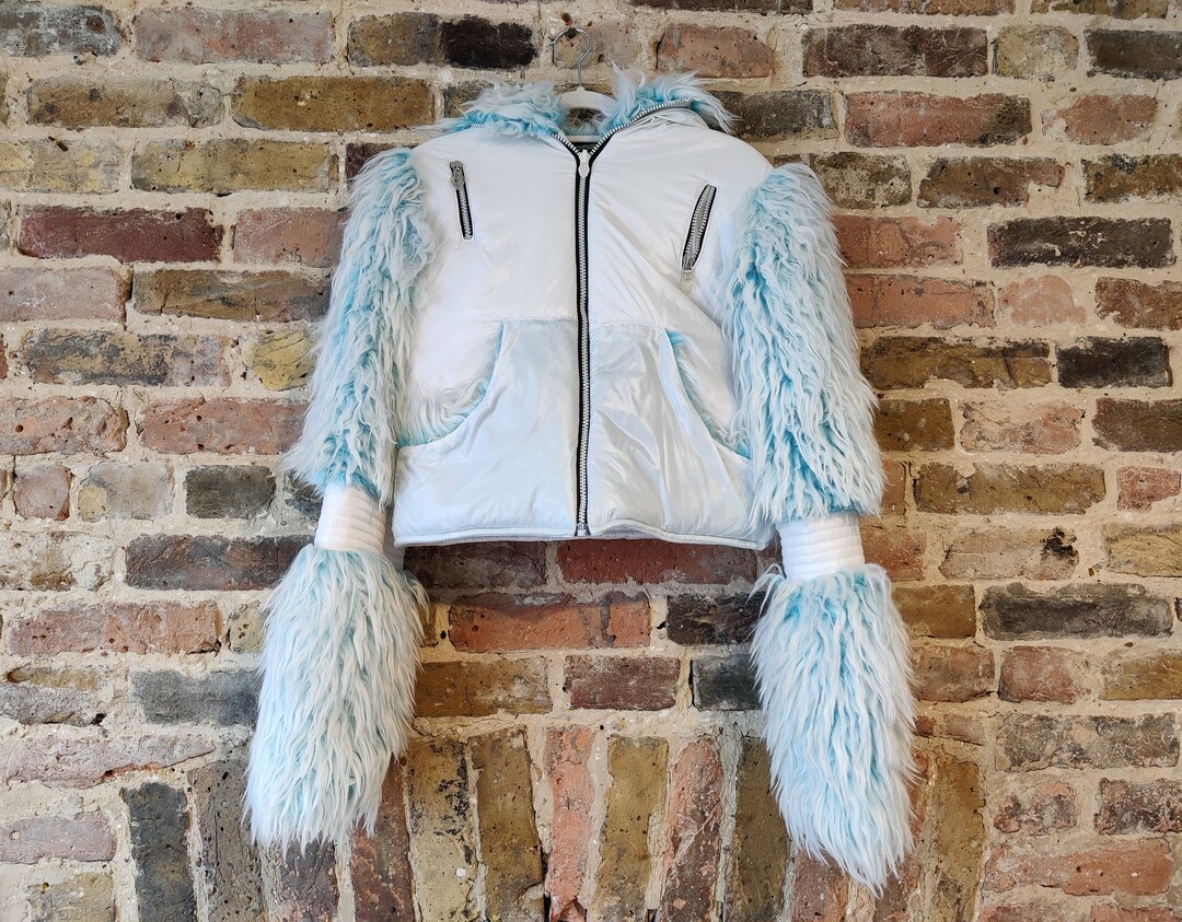 Cyberdog Y2K Blue White Faux Fur Fluffy Cyber Goth Rave Hooded Puffer ...