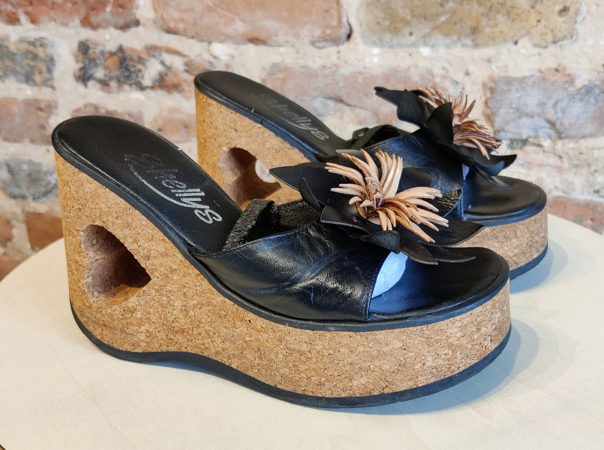 Vintage Shelly's 1990s Y2K Cork Wedge Platform Black Leather Flower ...
