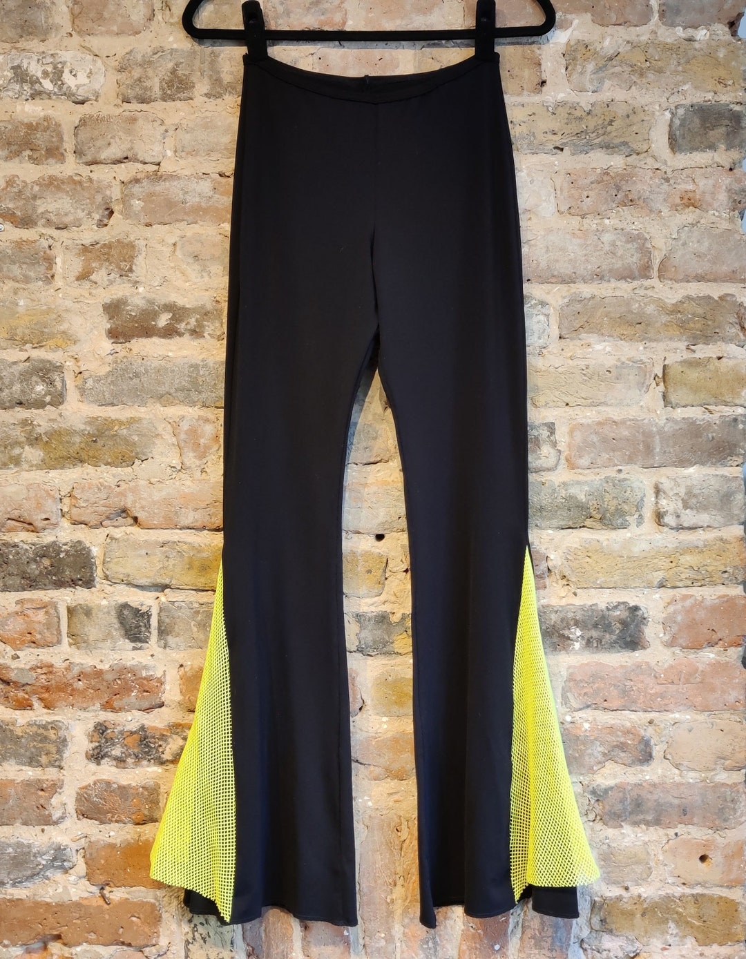 BLOW Cyber Goth Black Neon Yellow Mesh Fishnet Panel Flare Stretch ...