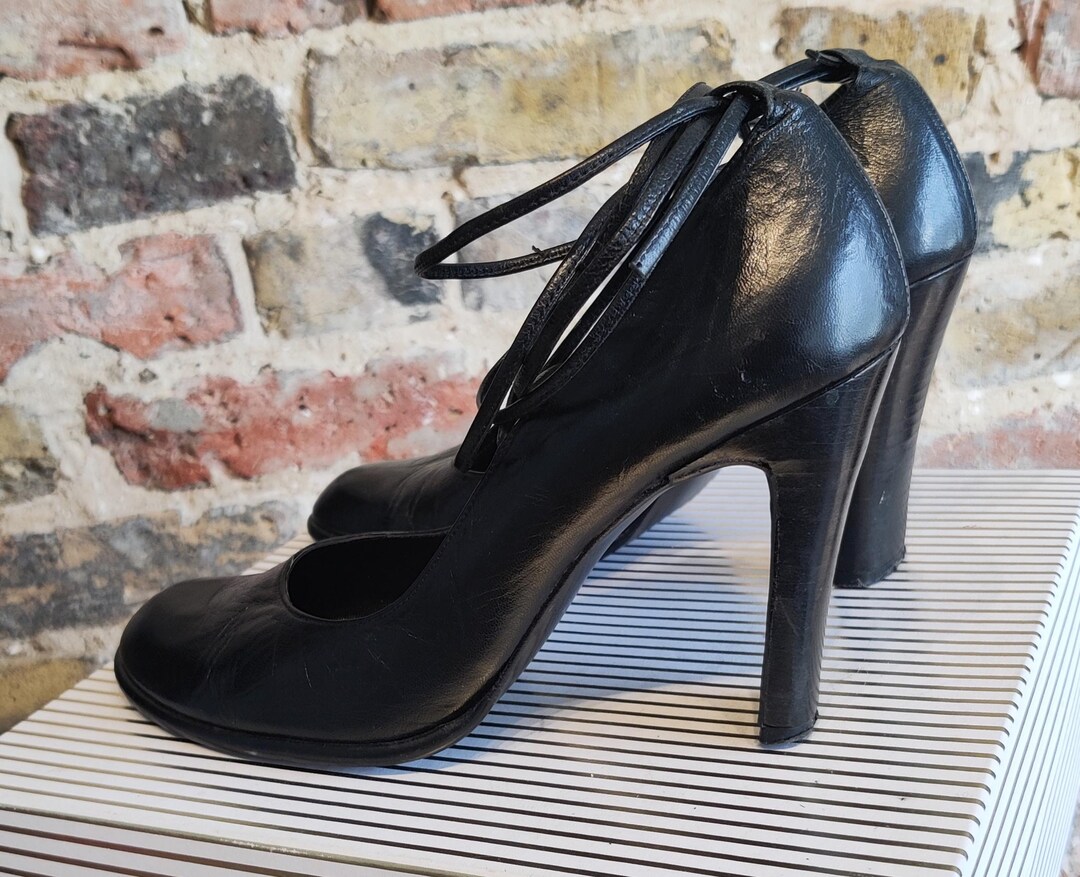 Vintage Black Leather 1990s Shelly's Ankle Tie Lace up High Heel Shoes ...
