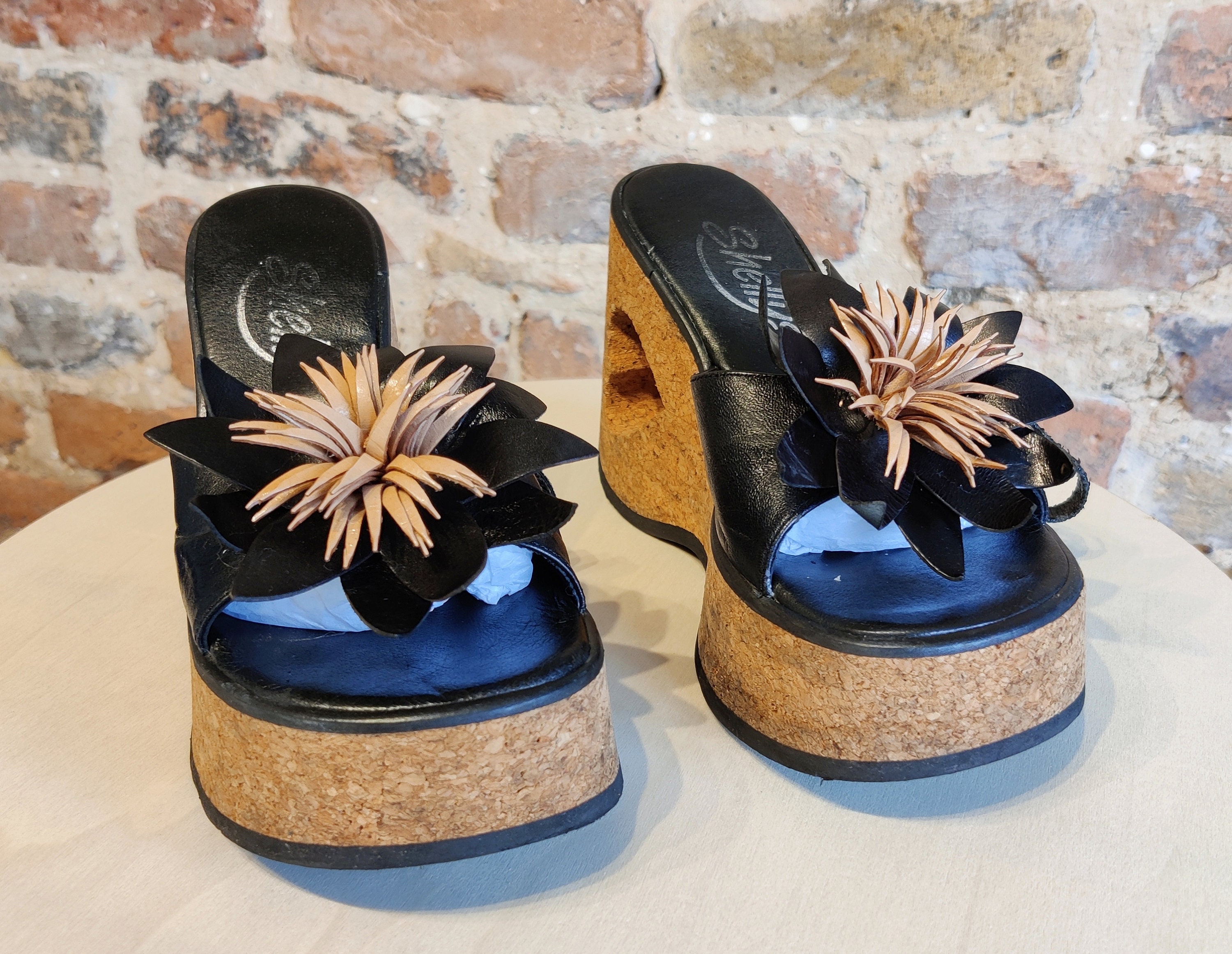 Vintage Shelly's 1990s Y2K Cork Wedge Platform Black Leather Flower ...