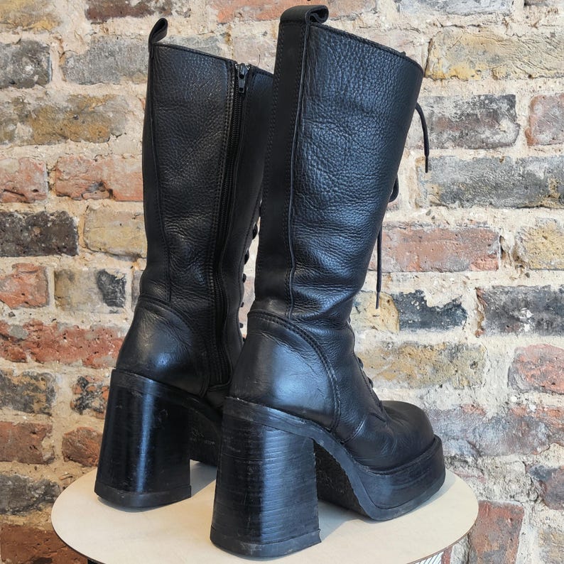Vintage Shelly's Black Leather High Block Heel Platform Lace up 90s Y2K ...