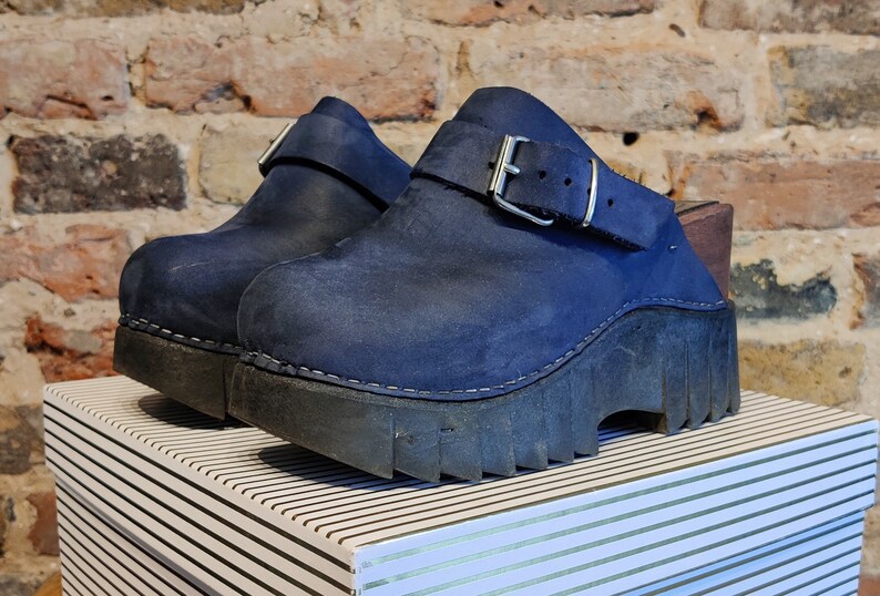 Vintage Shelly's 2000s Y2K Navy Blue Leather Wood Platform Clogs - Etsy