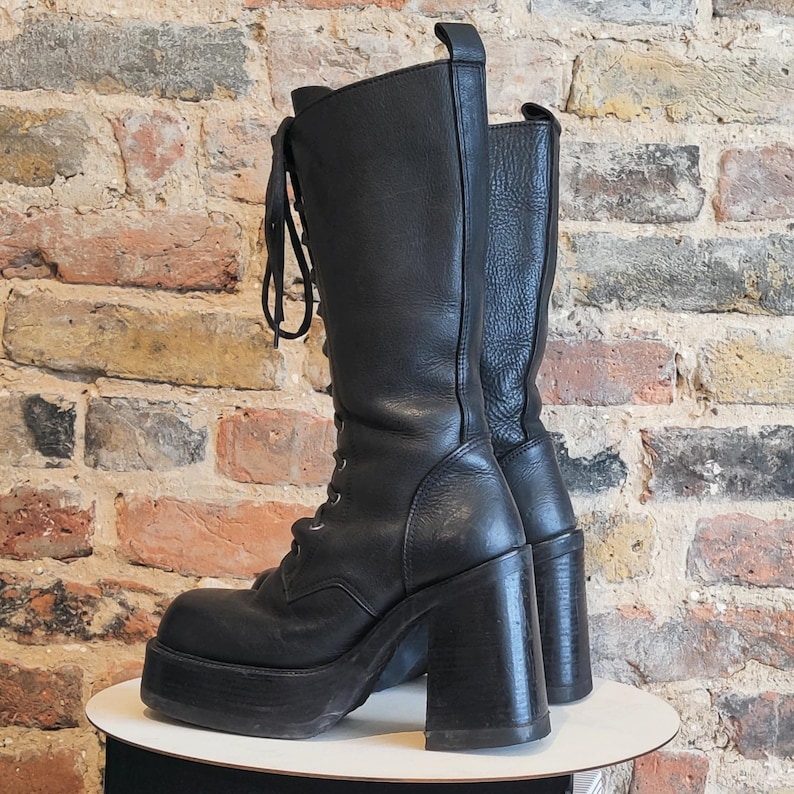Vintage Shelly's Black Leather High Block Heel Platform Lace up 90s Y2K ...