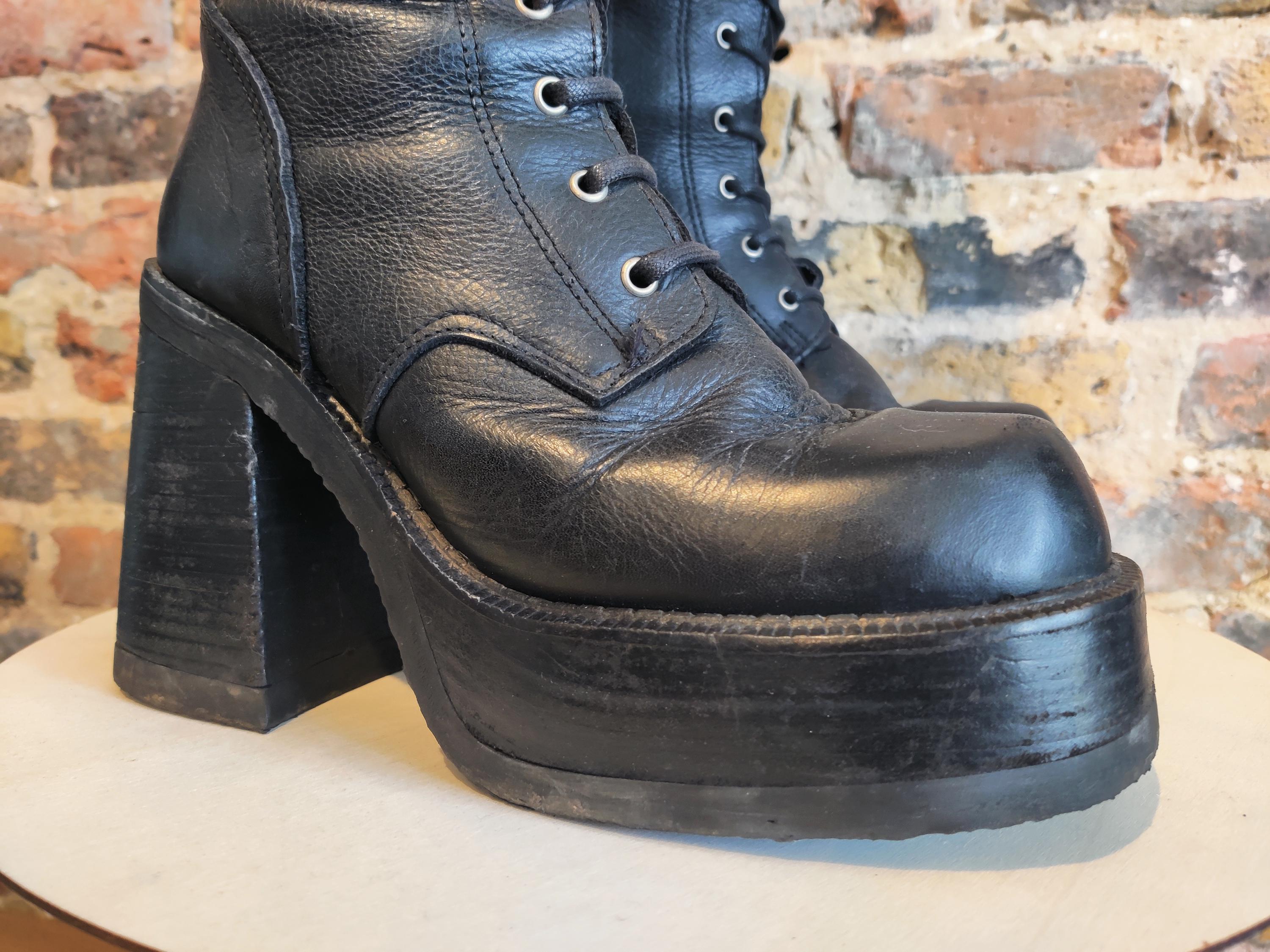 Vintage Shelly's Black Leather High Block Heel Platform Lace up 90s Y2K ...