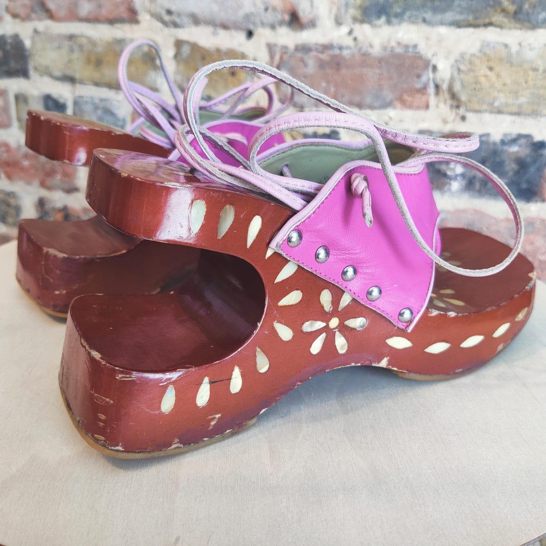 Extreme Cutout 90s Vintage Wood Wedge High Heel Platform Sandals Pink ...