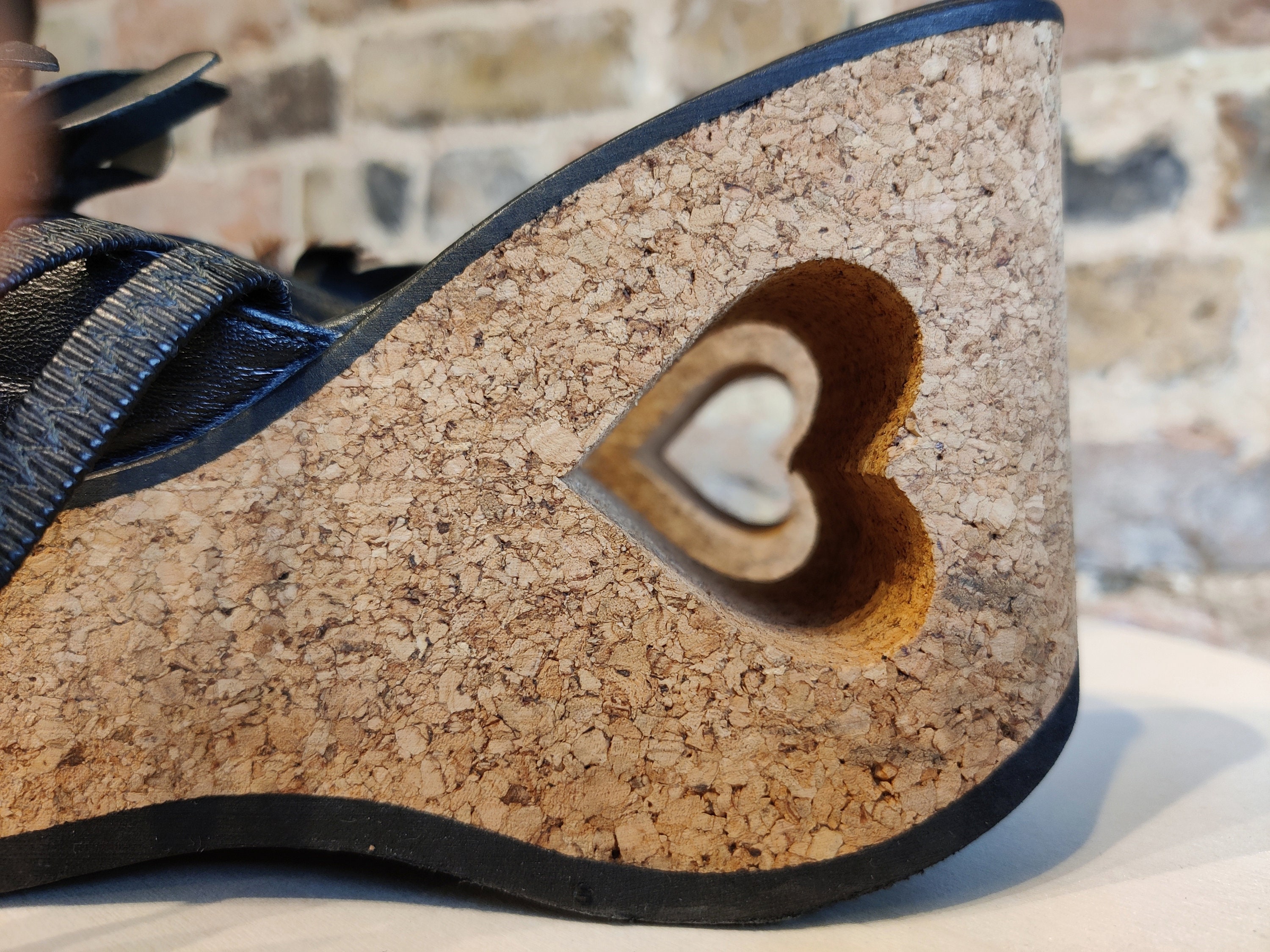 Vintage Shelly's 1990s Y2K Cork Wedge Platform Black Leather Flower ...