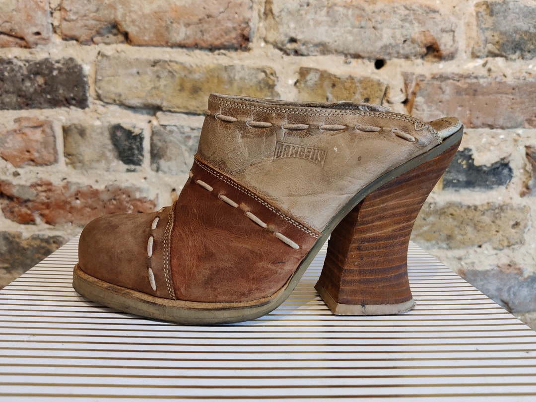 Dangelis Tan Suede Leather Wood High Heel Mule Shoes Y2K 90s - Etsy