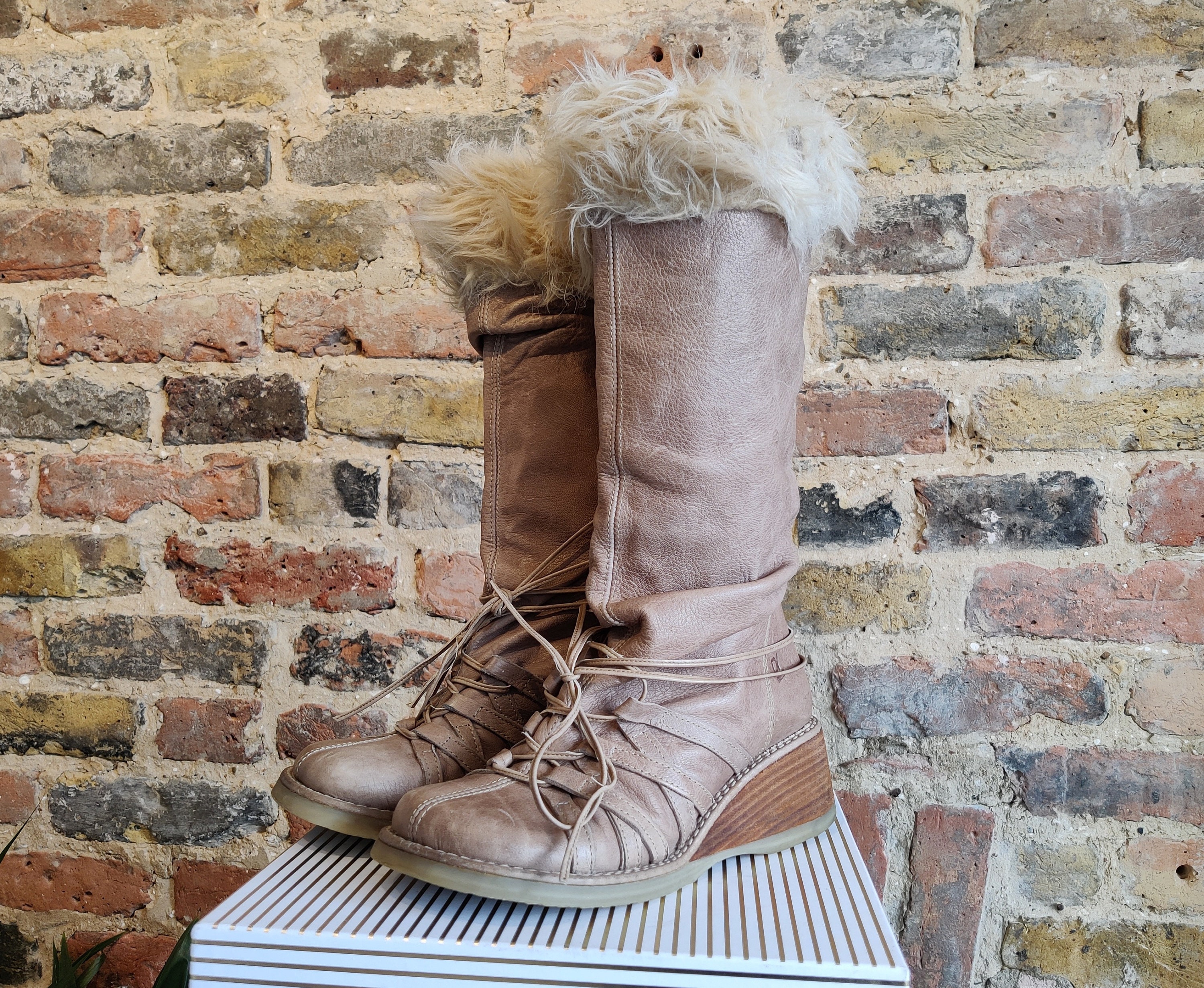Vintage Y2K 90s 2000s Destroy Low Wedge Heel Tan Brown Leather Strap ...