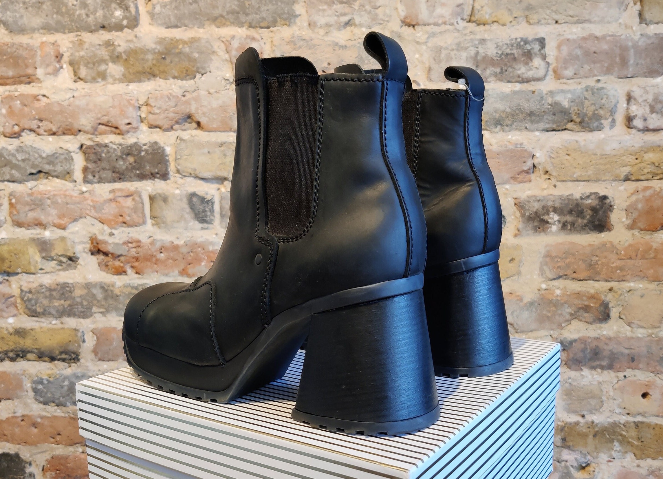 Older Shelly's Charcoal Black Matte Leather Platform Chunky Heel ...