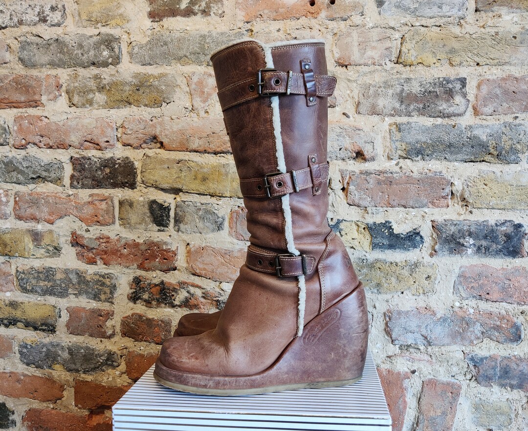 Vintage Destroy Y2K Brown Leather Strap Detail Wide Fit High Wedge Heel ...