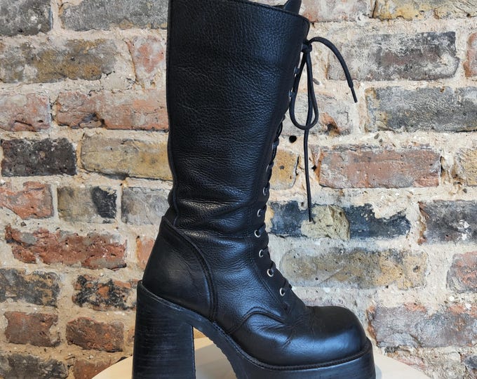 Vintage Shelly's Black Leather High Block Heel Platform Lace up 90s Y2K ...