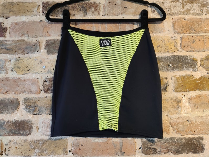 BLOW Black Neon Yellow Fishnet Mesh Panel Stretch Y2k Cyber Goth Raver ...
