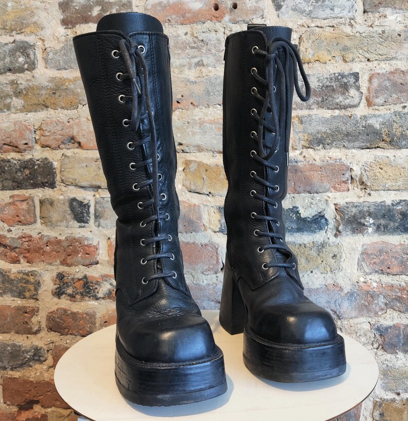 Vintage Shelly's Black Leather High Block Heel Platform Lace up 90s Y2K ...