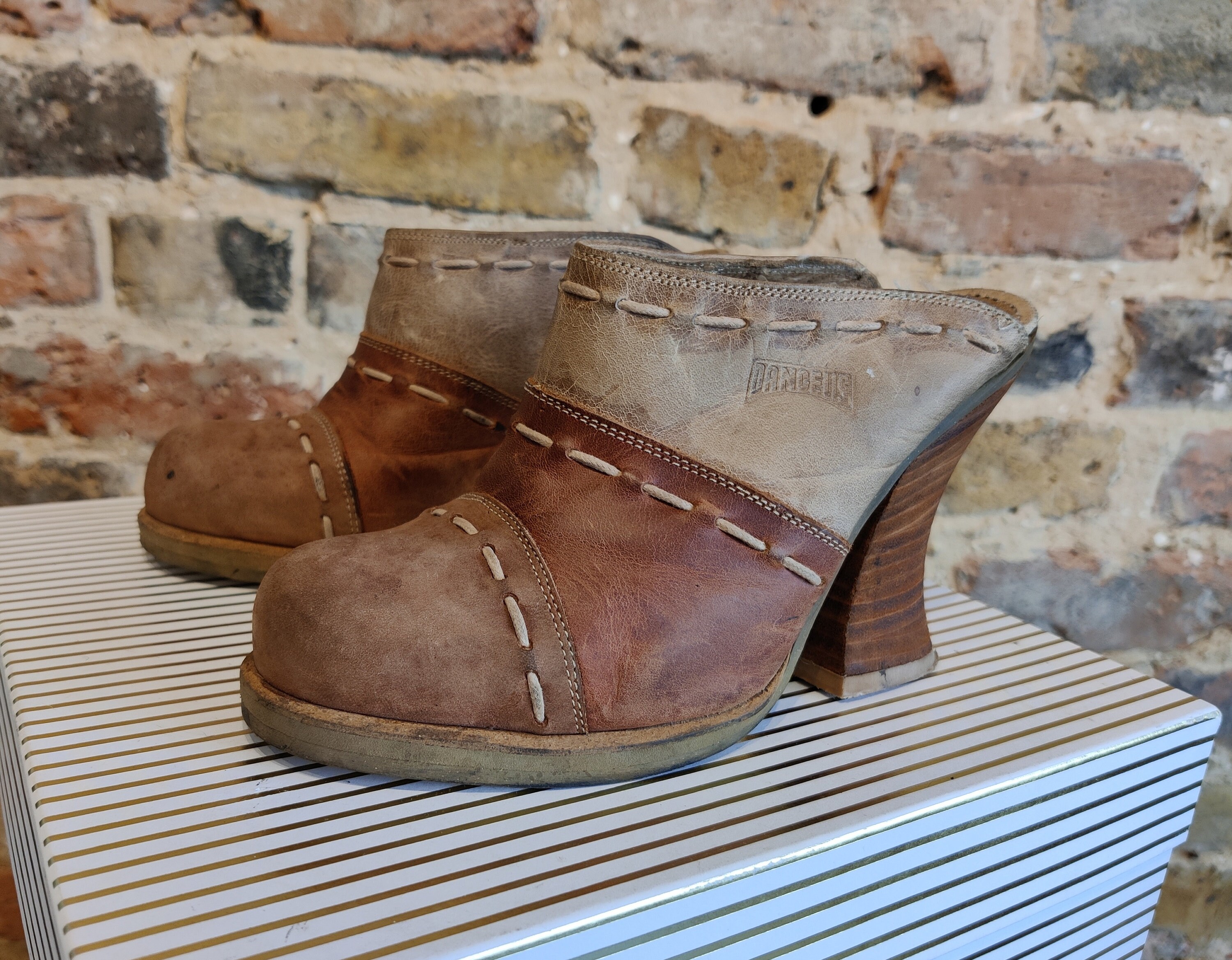 Dangelis Tan Suede Leather Wood High Heel Mule Shoes Y2K 90s - Etsy