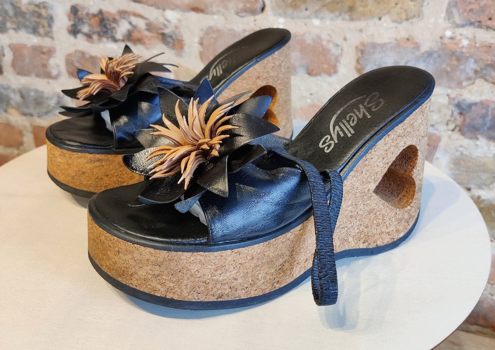 Vintage Shelly's 1990s Y2K Cork Wedge Platform Black Leather Flower ...