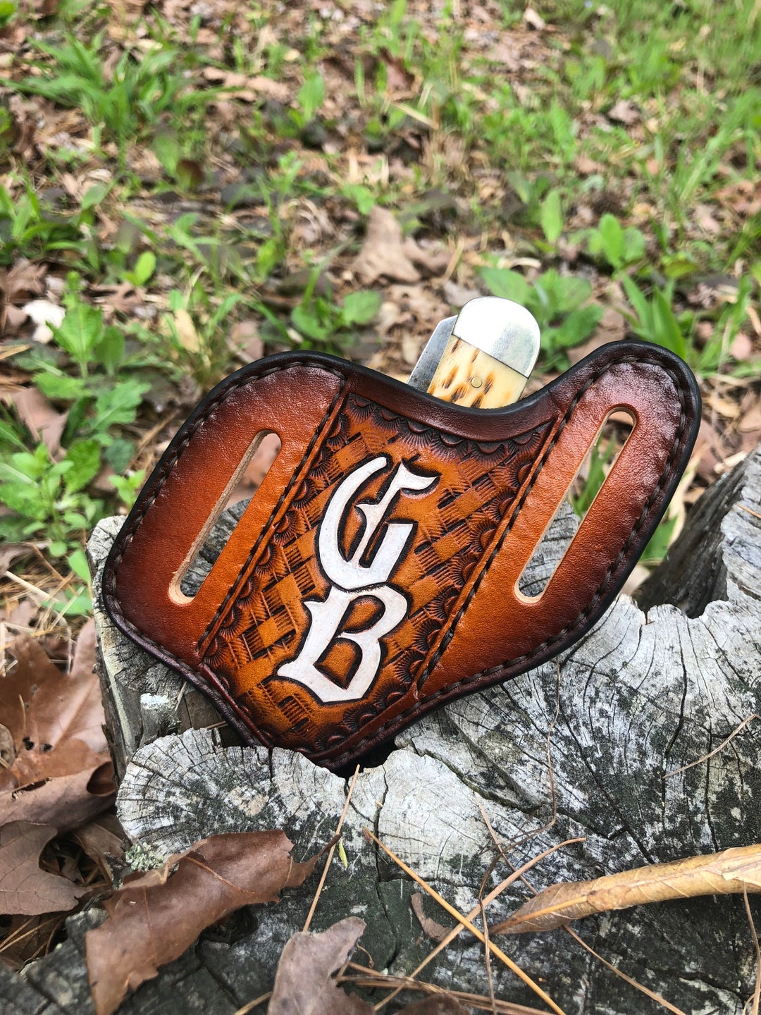 Custom Leather Slanted Pancake Knife Sheath/basketweave Stamped - Etsy