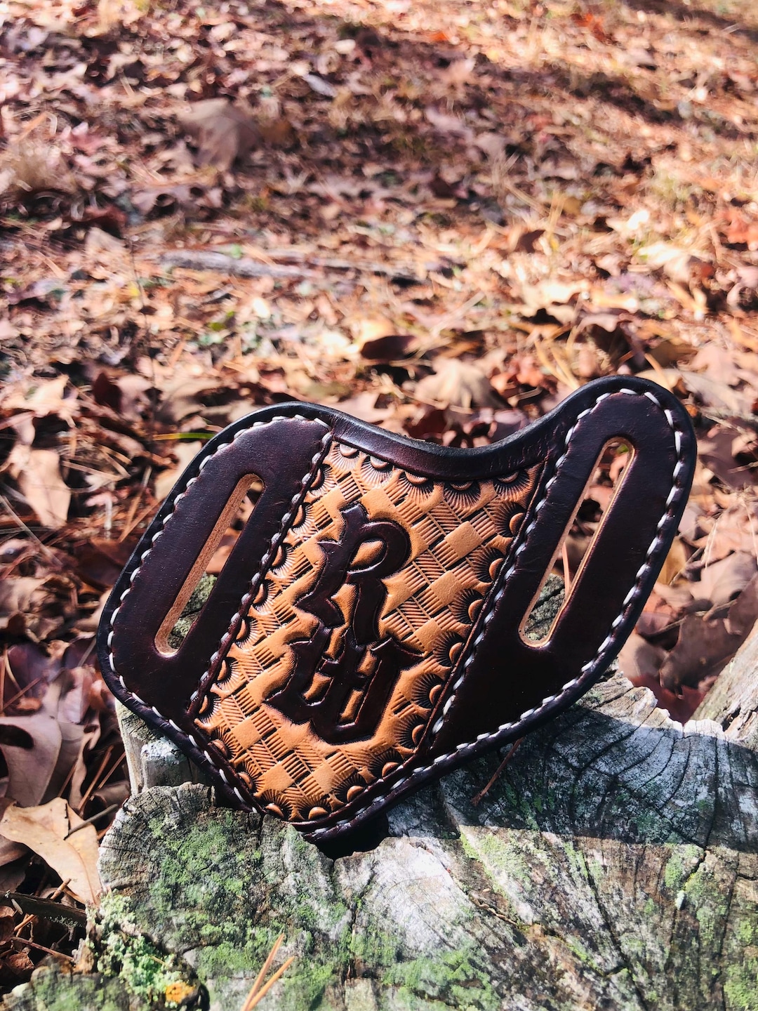 Custom Leather Slanted Pancake Knife Sheath/basketweave Stamped - Etsy