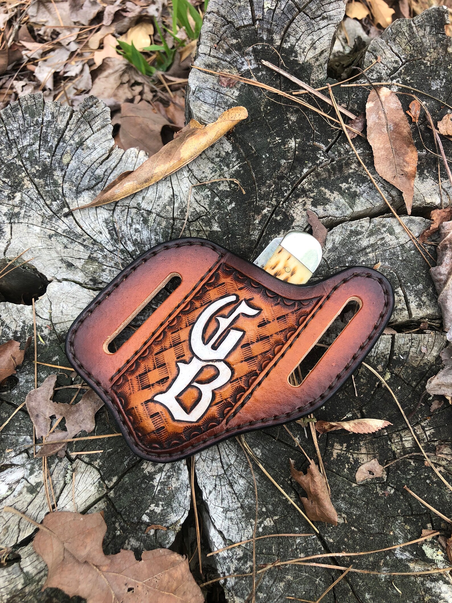 Custom Leather Slanted Pancake Knife Sheath/basketweave Stamped - Etsy