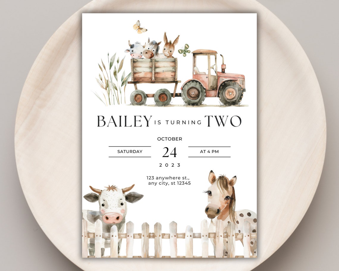 Editable Boy Farm Birthday Invitation, Farm Animals Birthday Invite ...