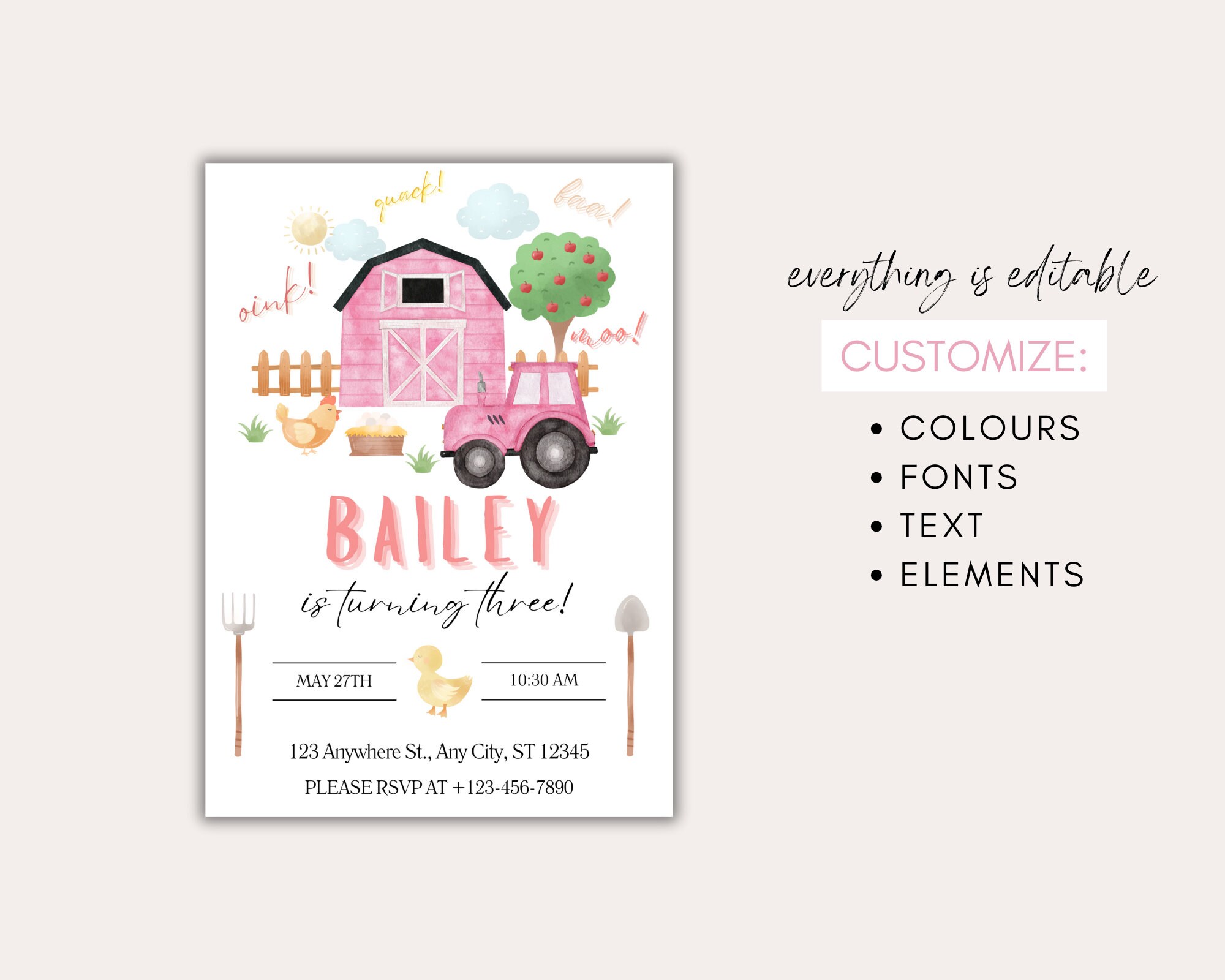 Editable Girl Farm Birthday Invitation, Farm Animals Birthday Invite ...