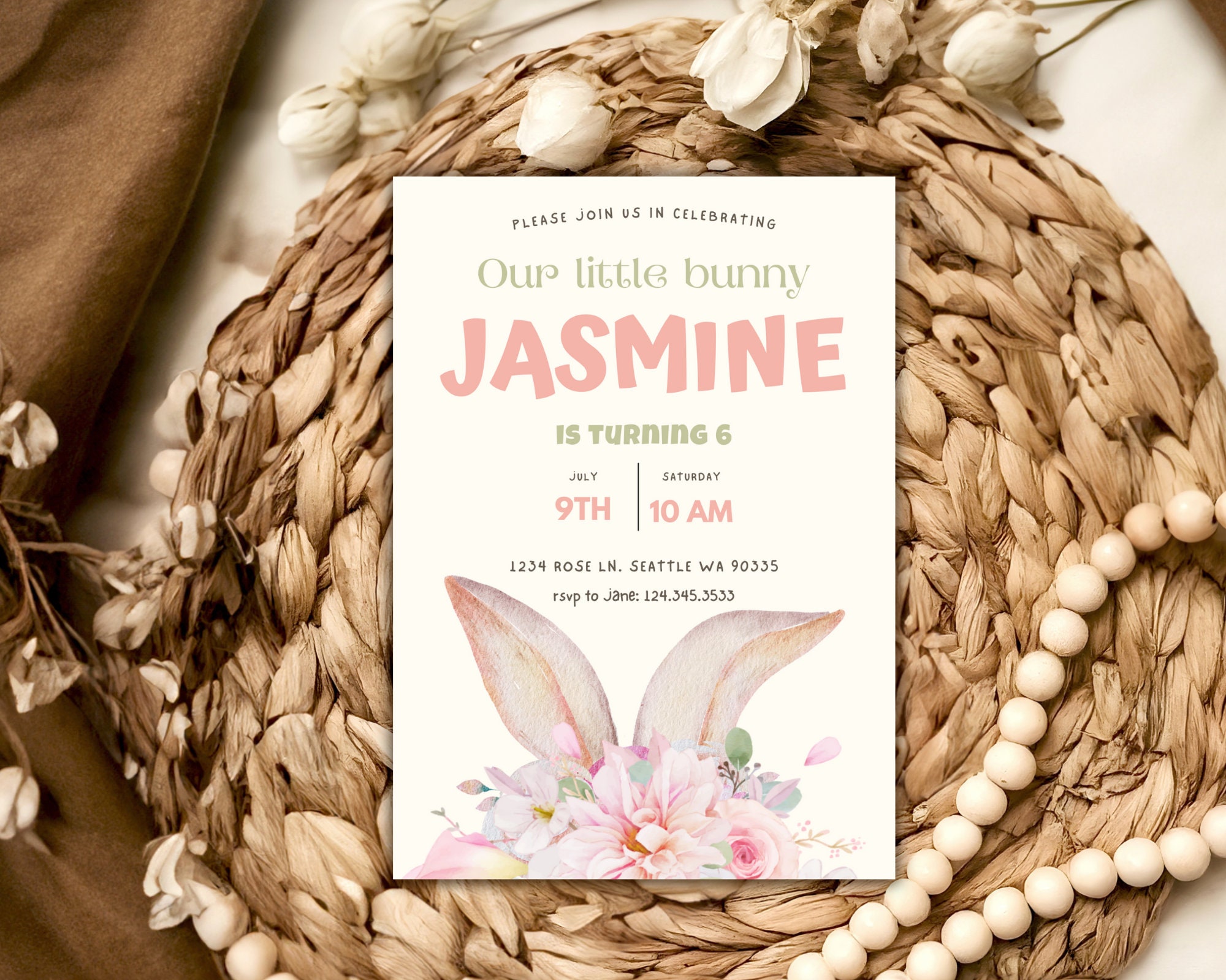 Bunny Birthday Invitation, Birthday Party Invitation, Editable ...