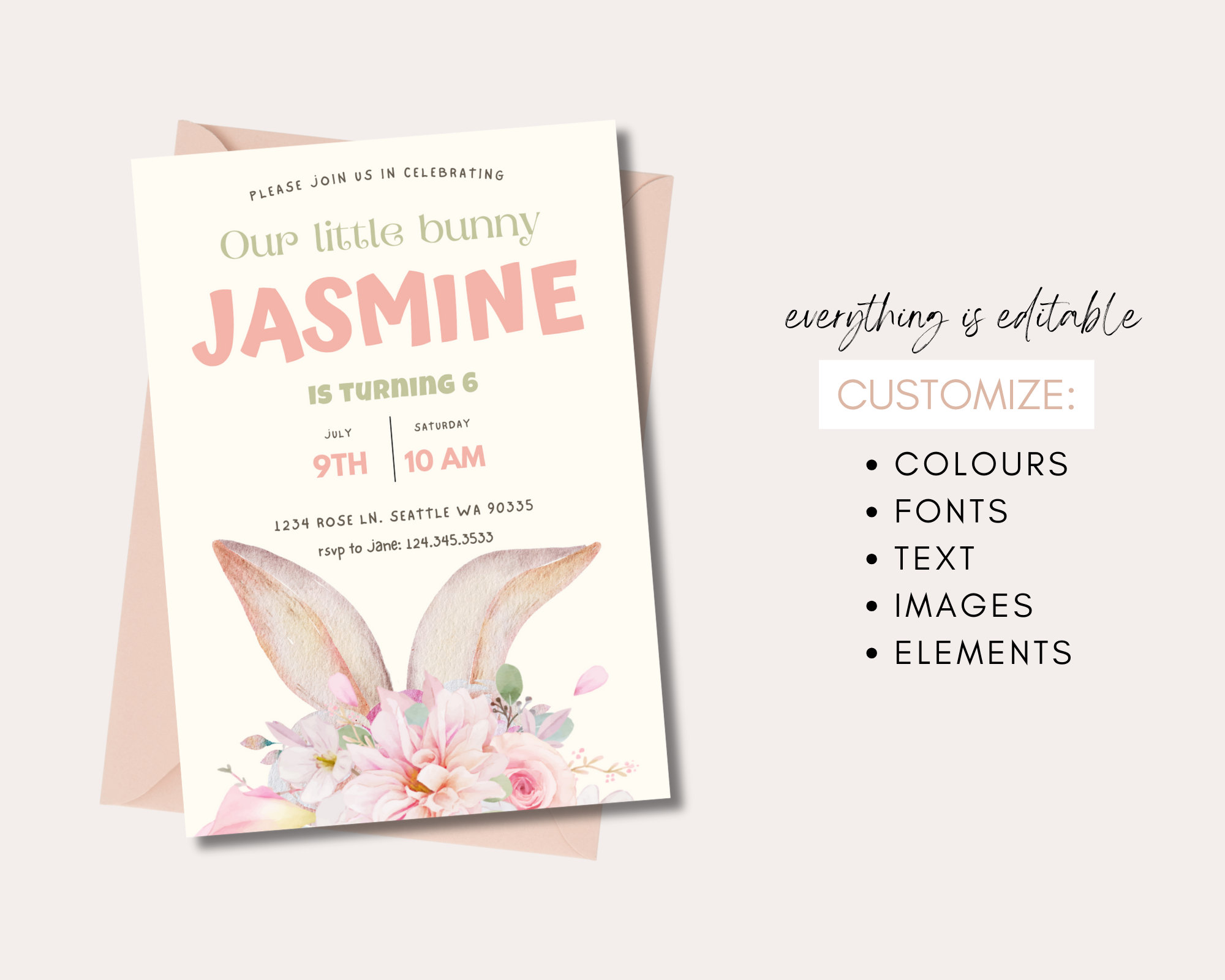 Bunny Birthday Invitation, Birthday Party Invitation, Editable ...