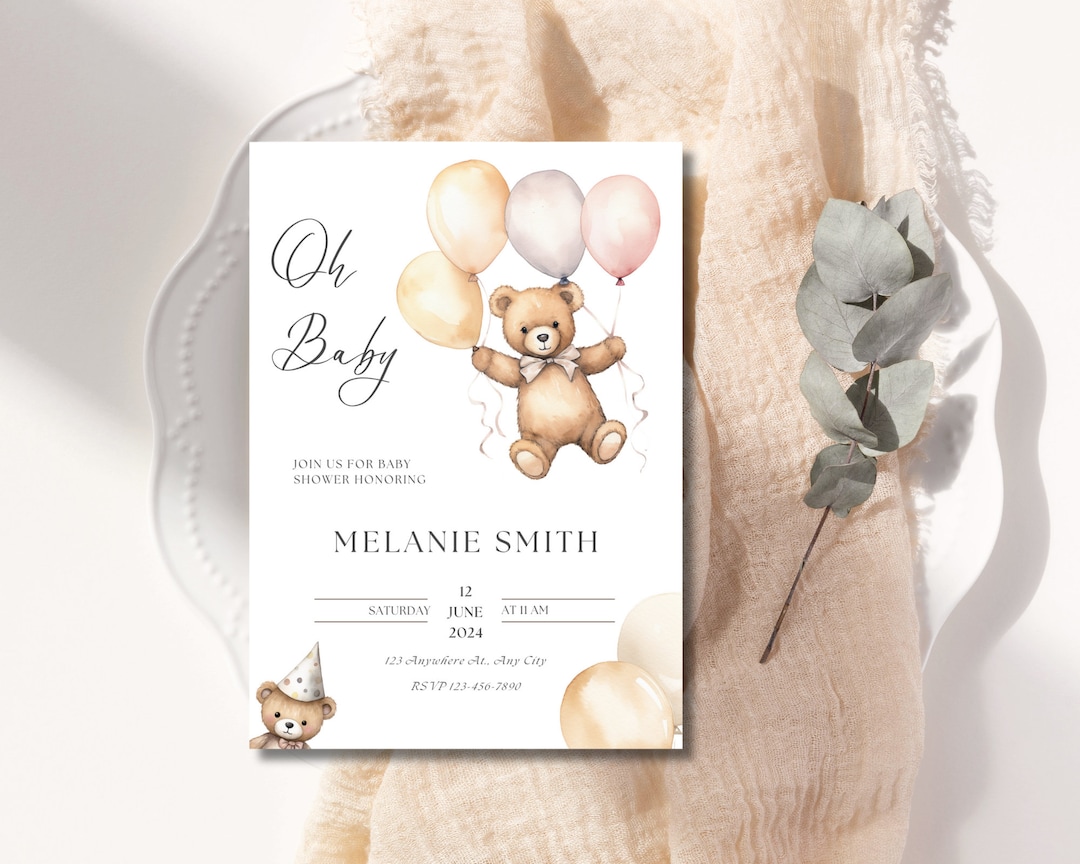Neutral Teddy Bear Baby Shower Invitation, Boy Bear Baby Shower ...