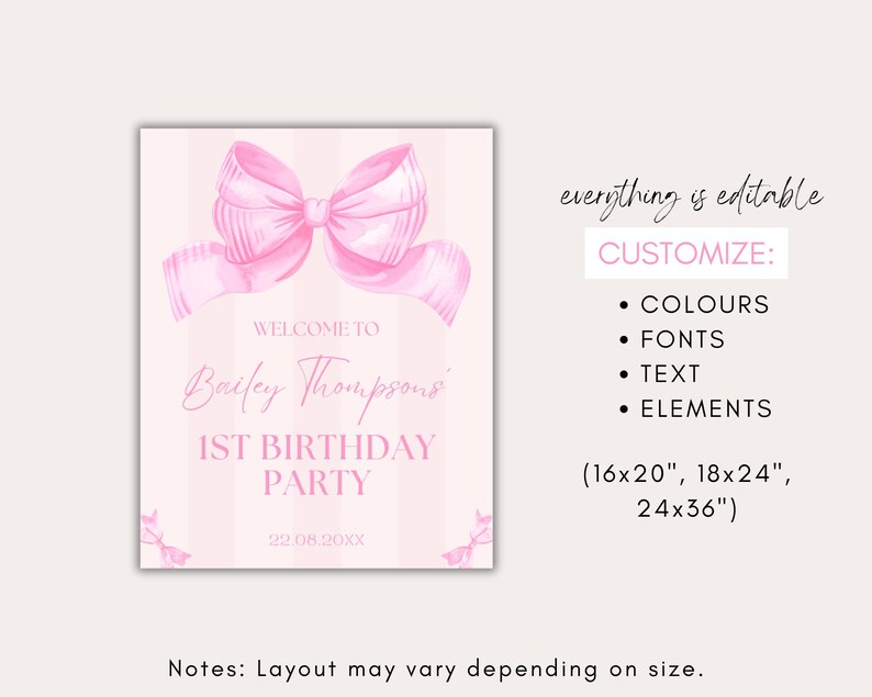Pink Bow Birthday Welcome Sign Template, Editable Coquette Pink Girly ...
