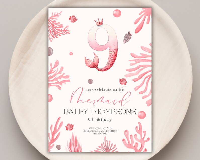 Mermaid Birthday Invitation, 9th Birthday Invitation Template, Mermaid ...