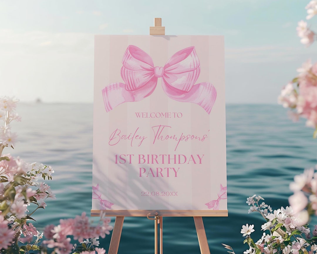 Pink Bow Birthday Welcome Sign Template, Editable Coquette Pink Girly ...
