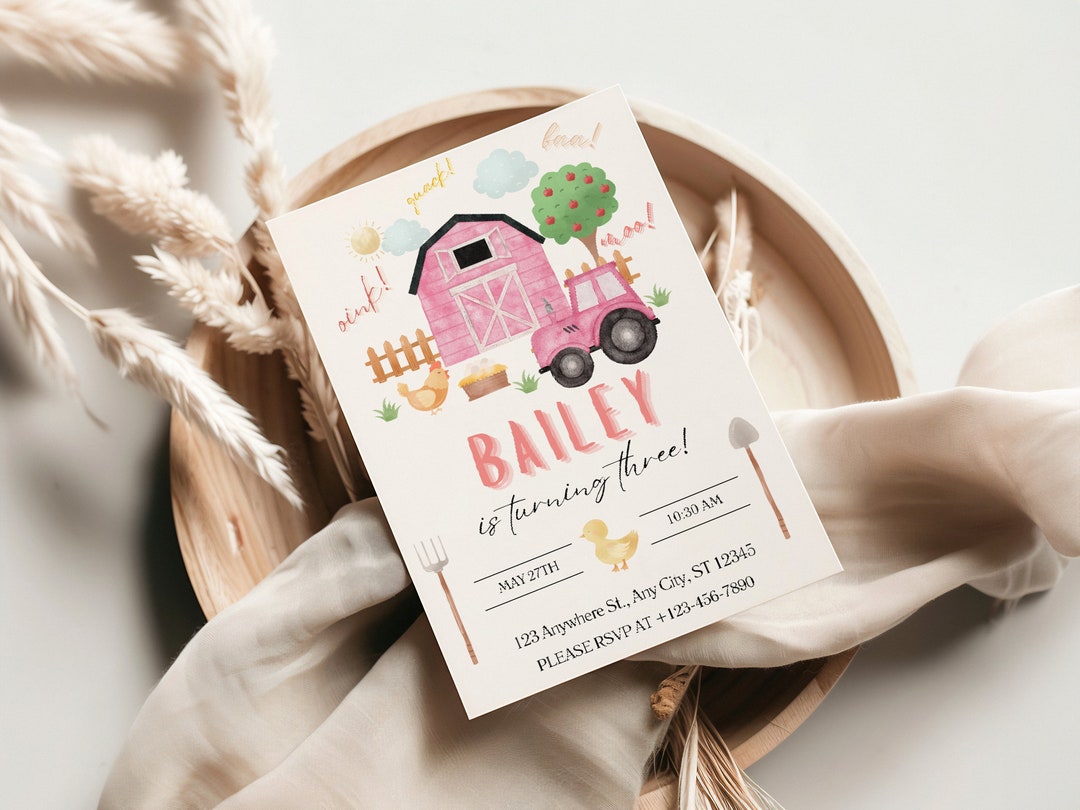 Editable Girl Farm Birthday Invitation, Farm Animals Birthday Invite ...