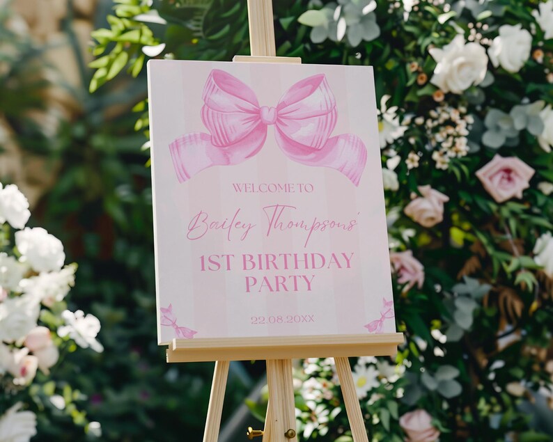 Pink Bow Birthday Welcome Sign Template, Editable Coquette Pink Girly ...