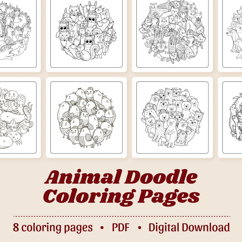 Adorable Animal Doodle Coloring Pages | Cute Hand-drawn Animal Clusters ...