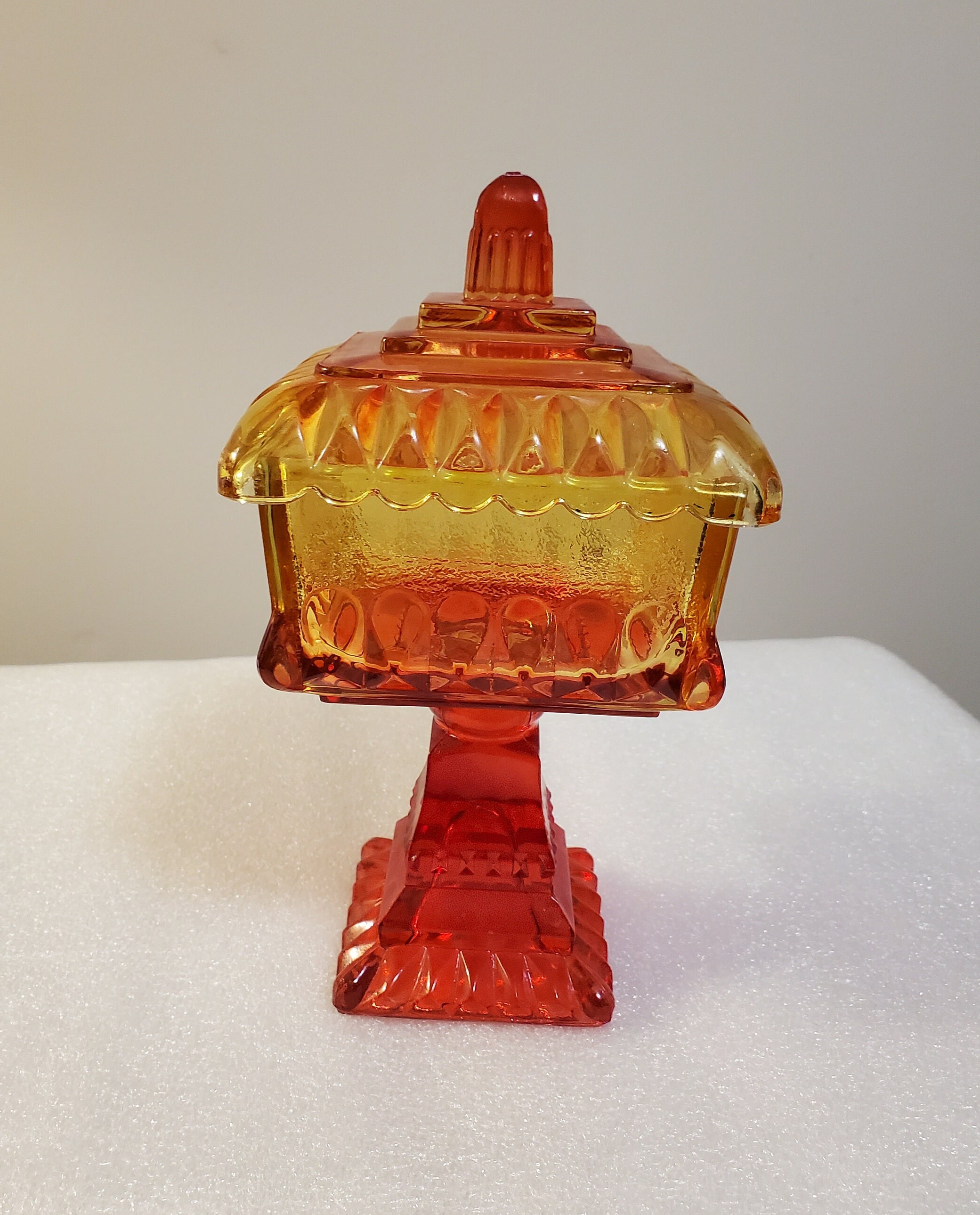 Vintage Jeanette Amberina Glass Wedding Cake Box Glass Pedestal Dish ...